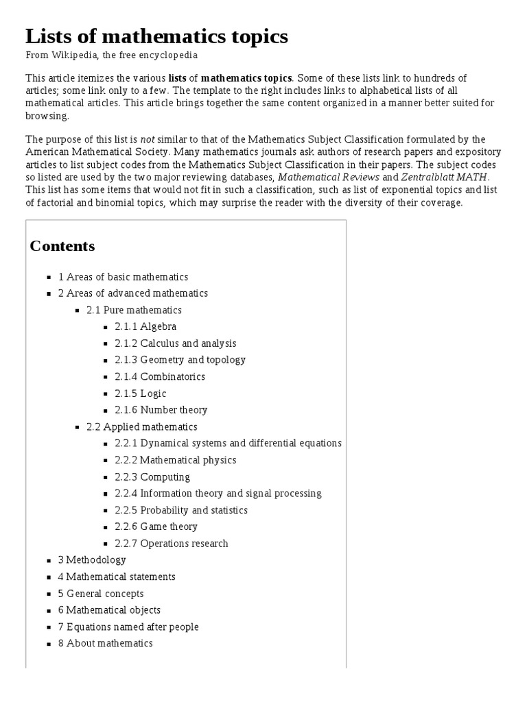 Lists of Mathematics Topics: From Wikipedia, The Free Encyclopedia ...