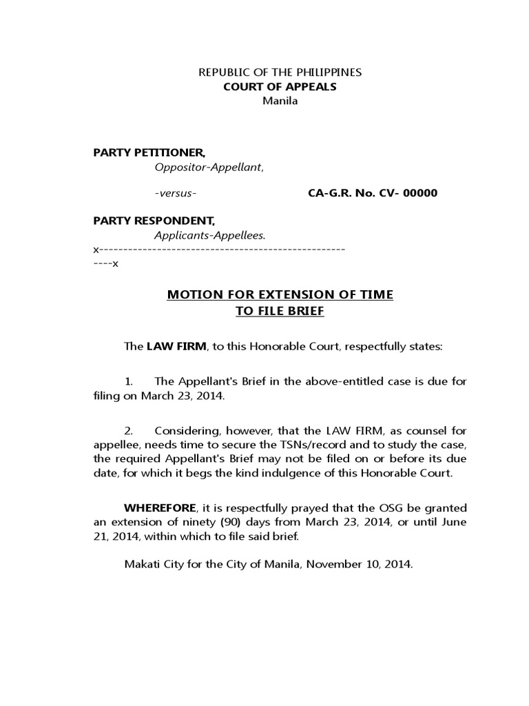 Motion For Extension Format | PDF | Brief (Law) | Lawyer Motion For Extension Format | PDF | Brief (Law) | Lawyer