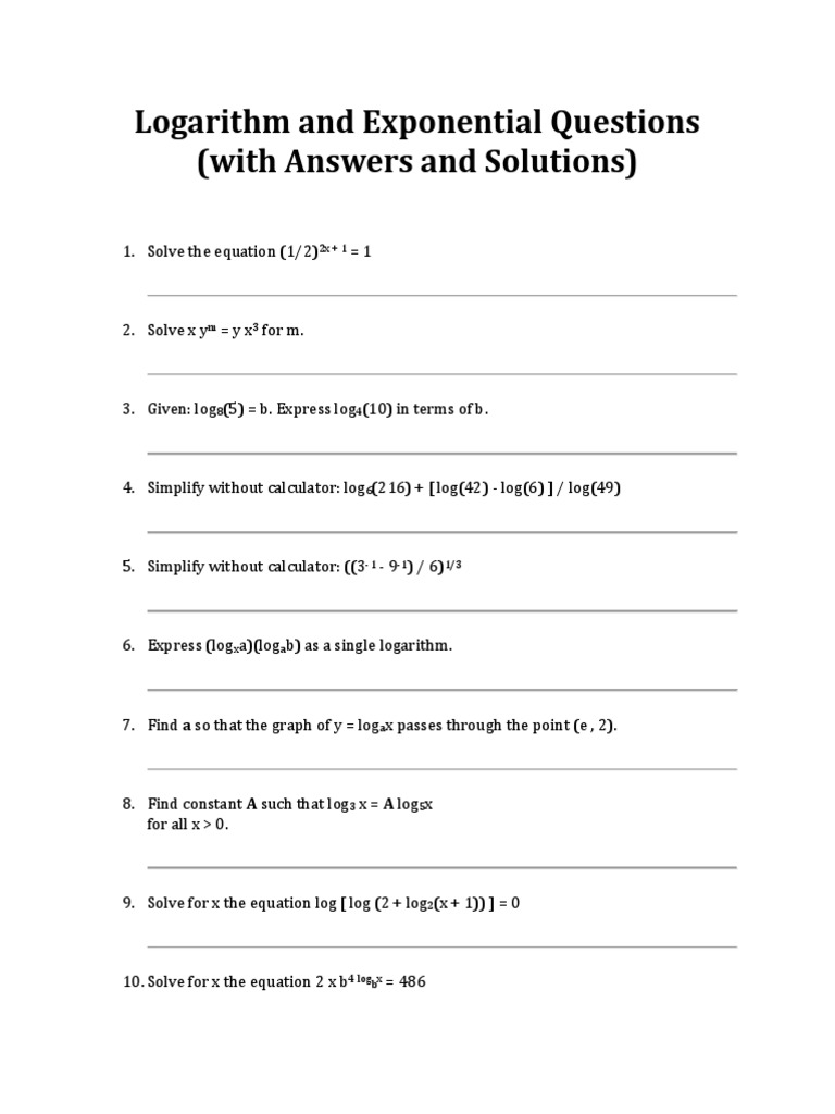 Logarithm and Exponential Questions | PDF | Logarithm | Equations