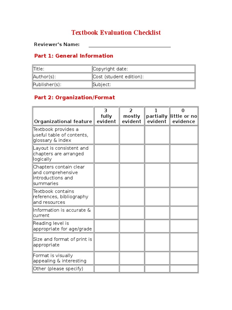 Textbook Evaluation Checklist 1 | PDF | Textbook | Written Communication