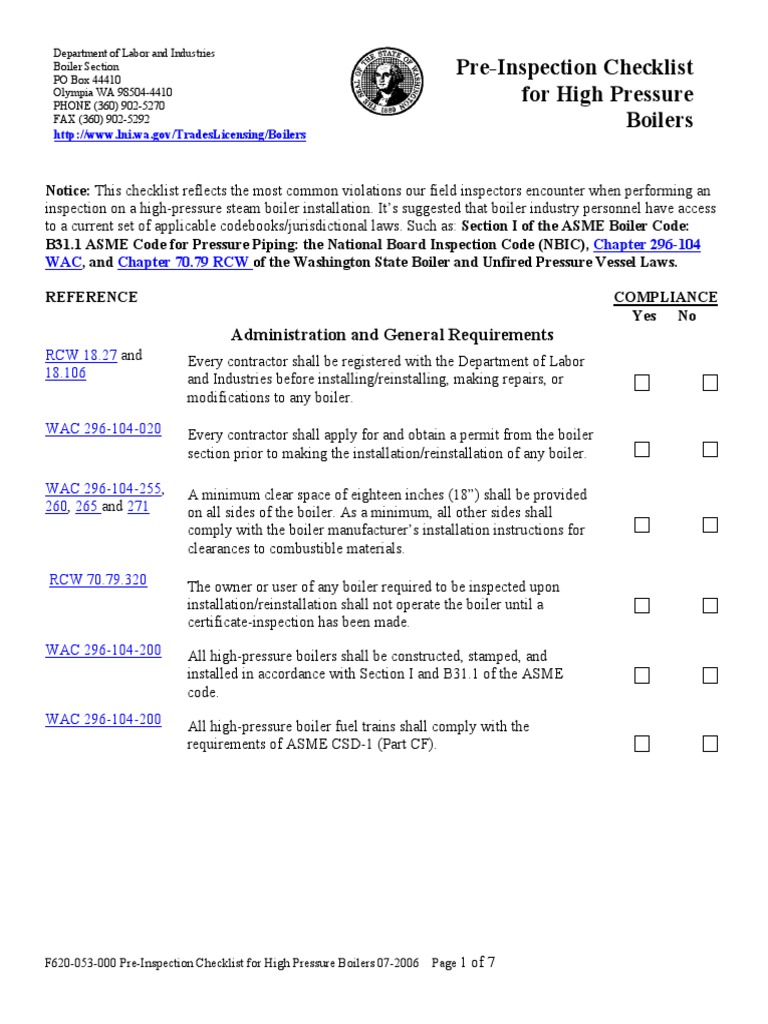 High Pressure Boiler Pre-Inspection Checklist | PDF