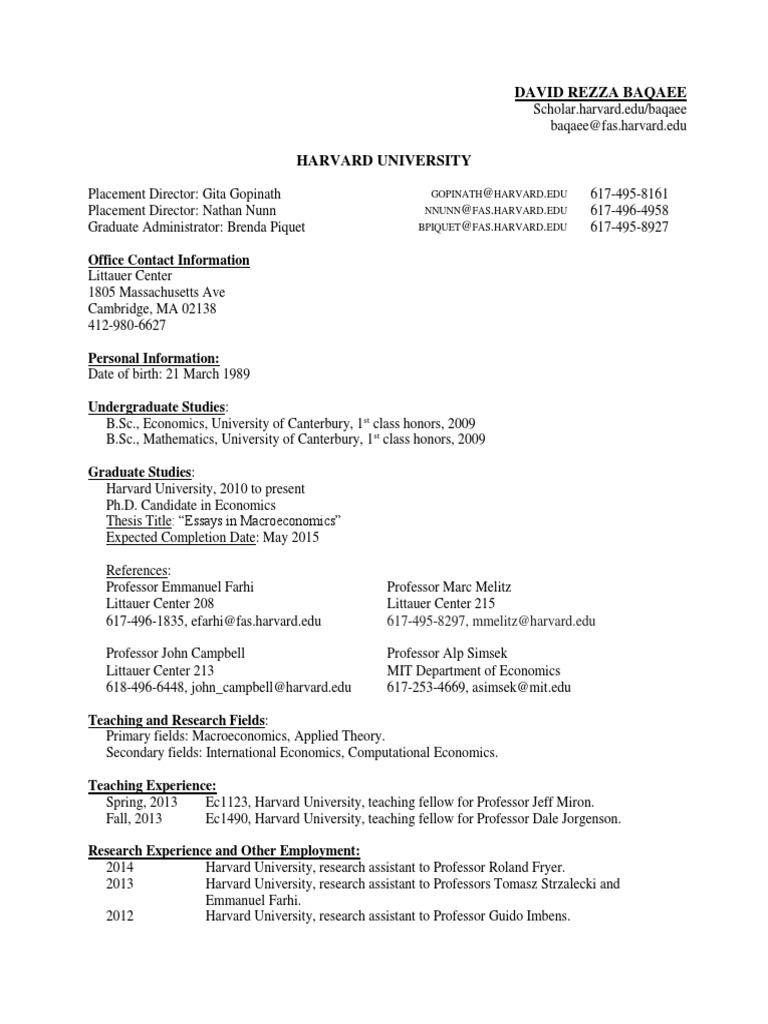 Harvard - CV Packet 2014 | PDF | Labour Economics | Joint Venture