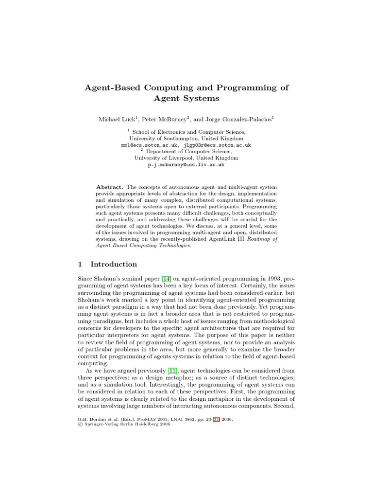 Agent Based Computing and Programming of Agent Systems | PDF | Agent Based Model | Component ...