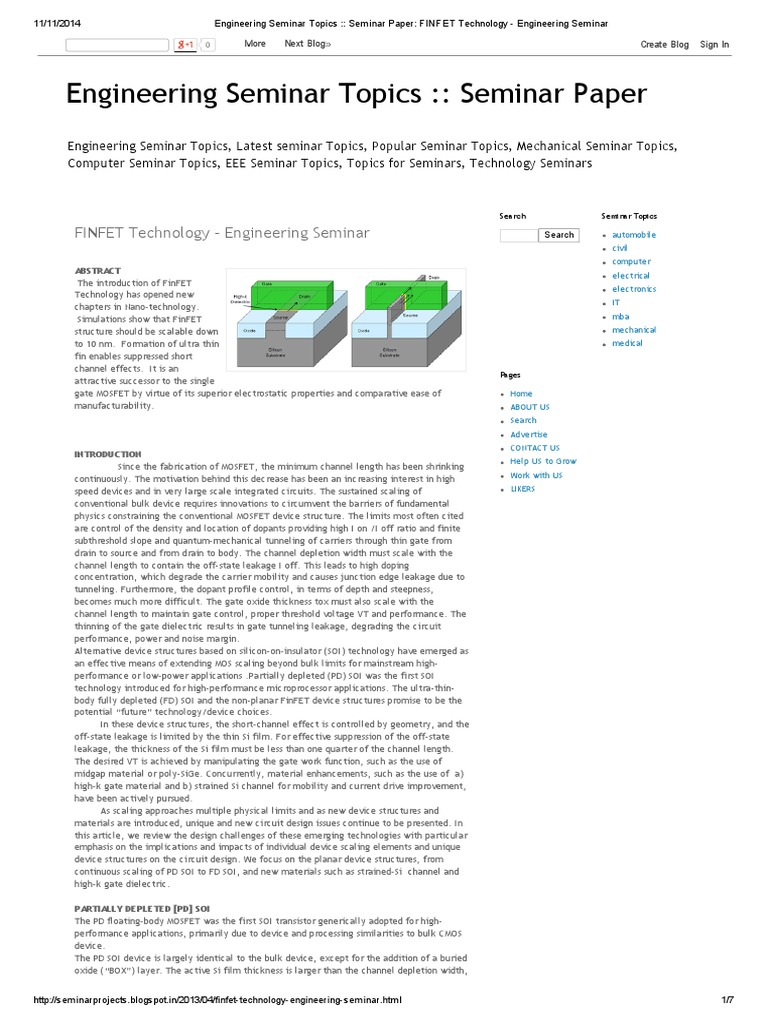 Engineering Seminar Topics - Seminar Paper - FINFET Technology ...