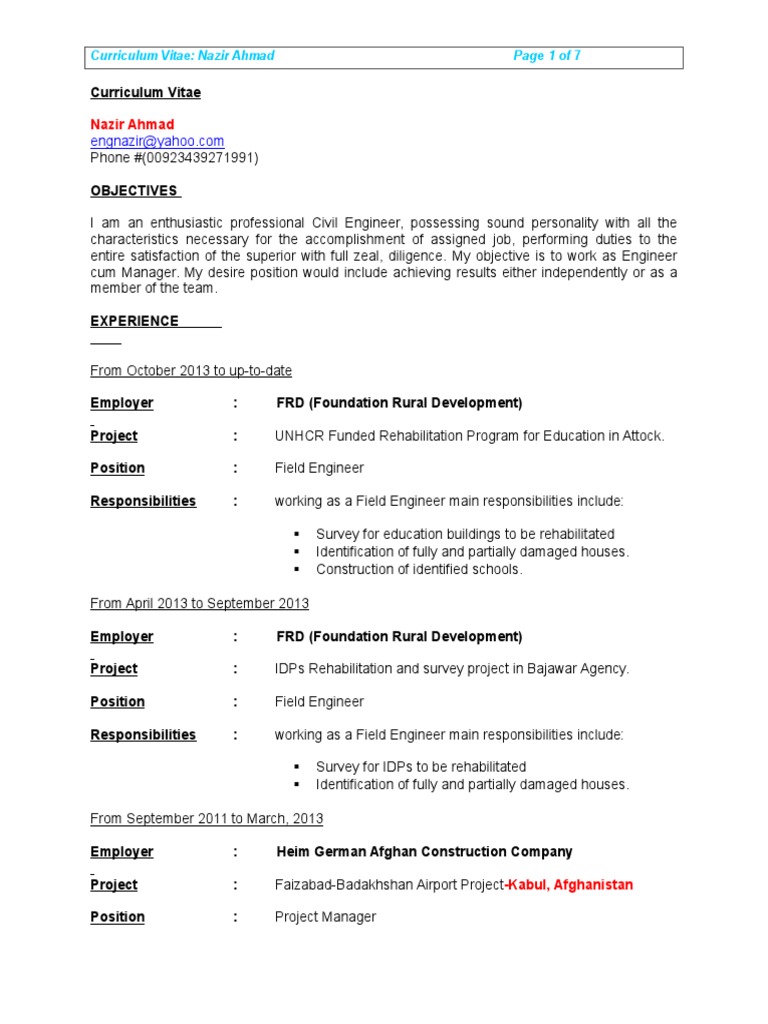 Nazir Ahmad CV | PDF | Construction Management | Specification (Technical Standard)