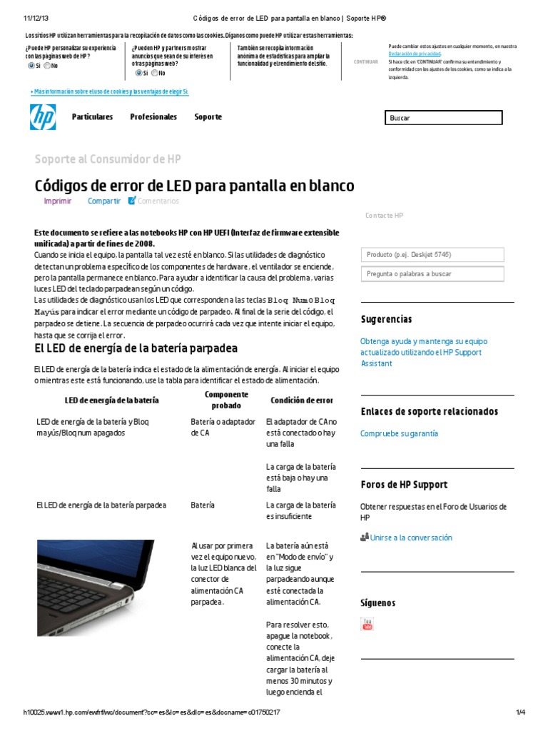 Códigos de Error de LED para Pantalla en Blanco - Soporte HP® PDF | PDF ...
