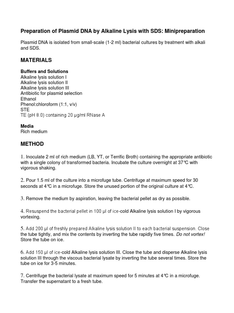 Preparation of Plasmid DNA by Alkaline Lysis With SDS | PDF | Agar ...