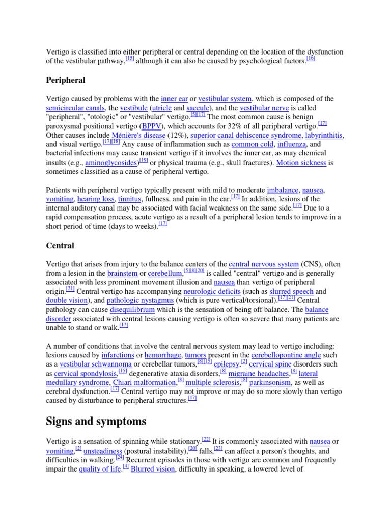 Vertigo Is Classified Into Either Peripheralyuyu or Central Depending ...