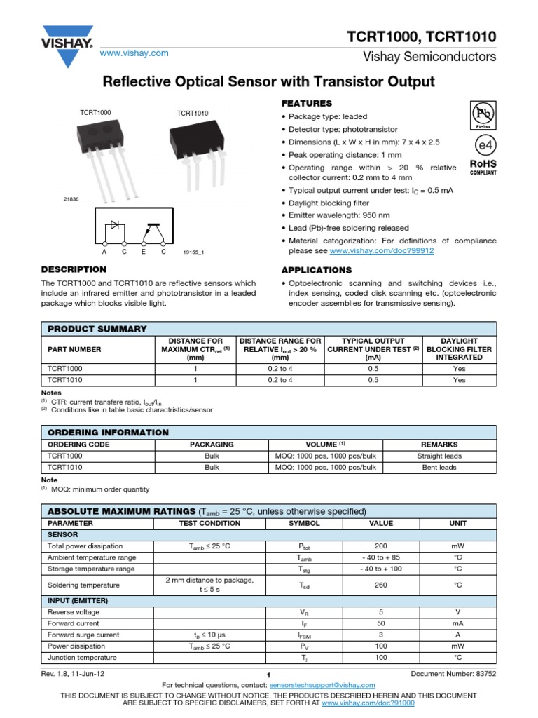 Reflective Optical Sensors with Transistor Output: Specifications and ...
