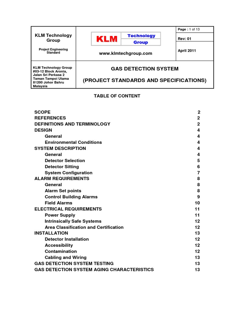 Project Standards and Specifications Gas Detection Systems Rev01 | PDF ...