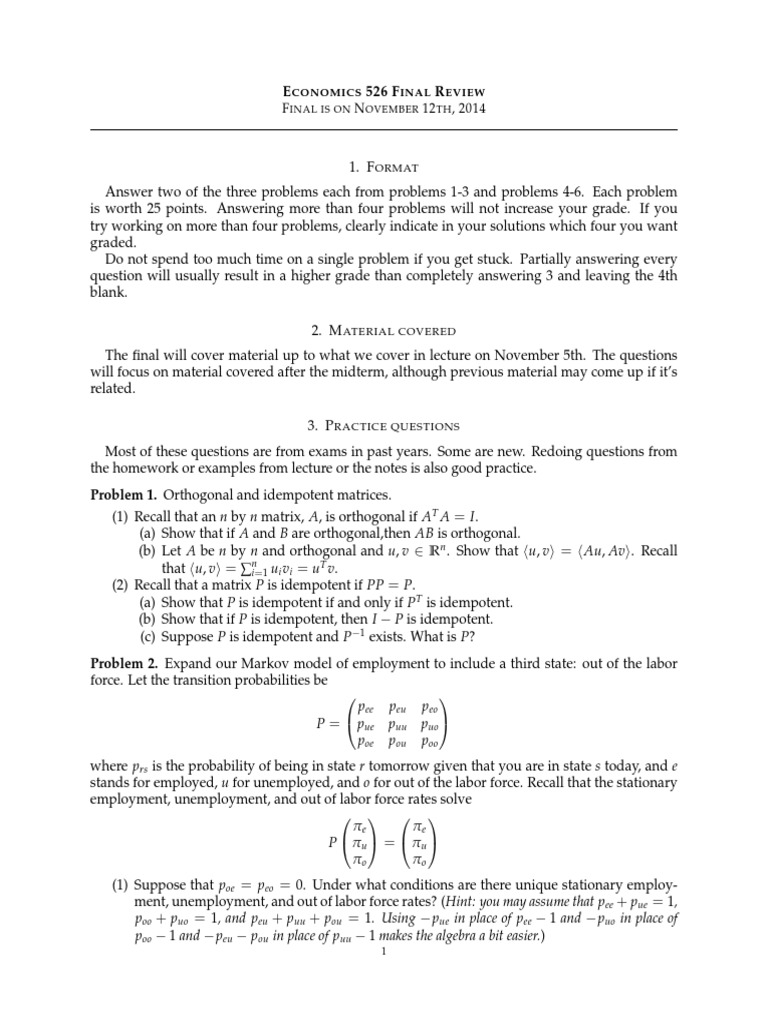 Economics 526 Final Exam Review Guide | PDF | Basis (Linear Algebra ...