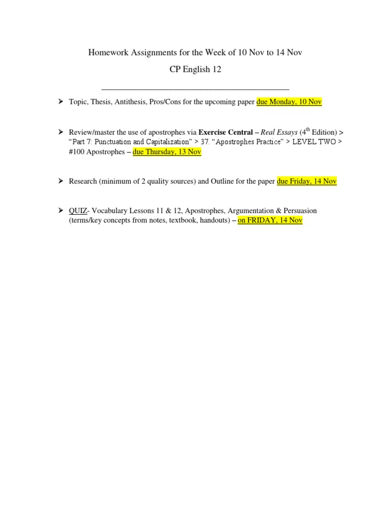 Homework Assignments For The Week of 10 Nov To 14 Nov - CP Eng 12 | PDF