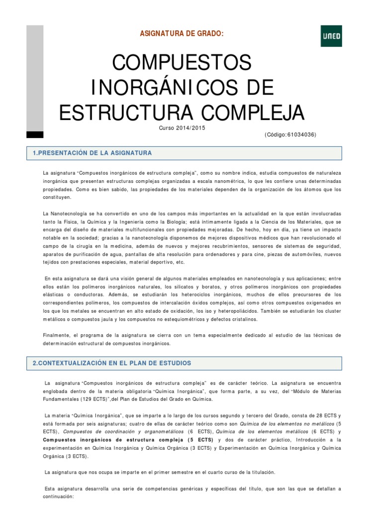 Programa Compuestos Inorganicos Estructura Compleja Uned | PDF | Polímeros | Nanotecnología