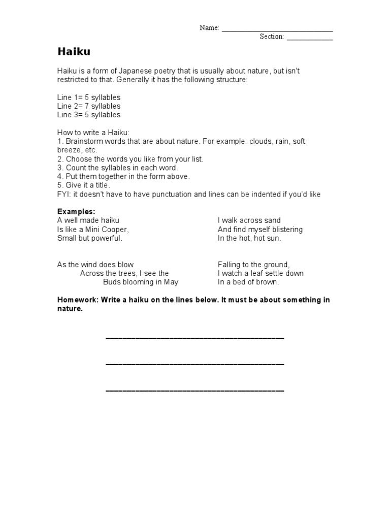 Haiku and Diamond Worksheet | PDF | Haiku | Poetry