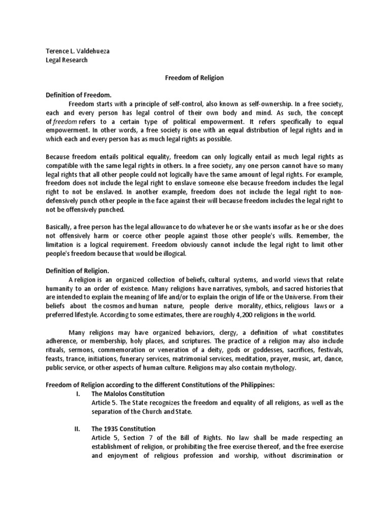 Freedom of Religion Definition of Freedom | PDF | Free Exercise Clause ...