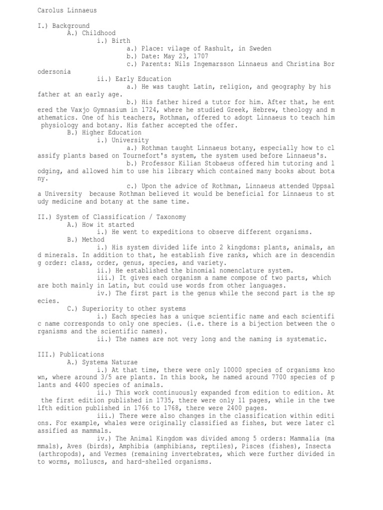 Carolus Linnaeus Outline | PDF | Taxonomy (Biology) | Scientific ...