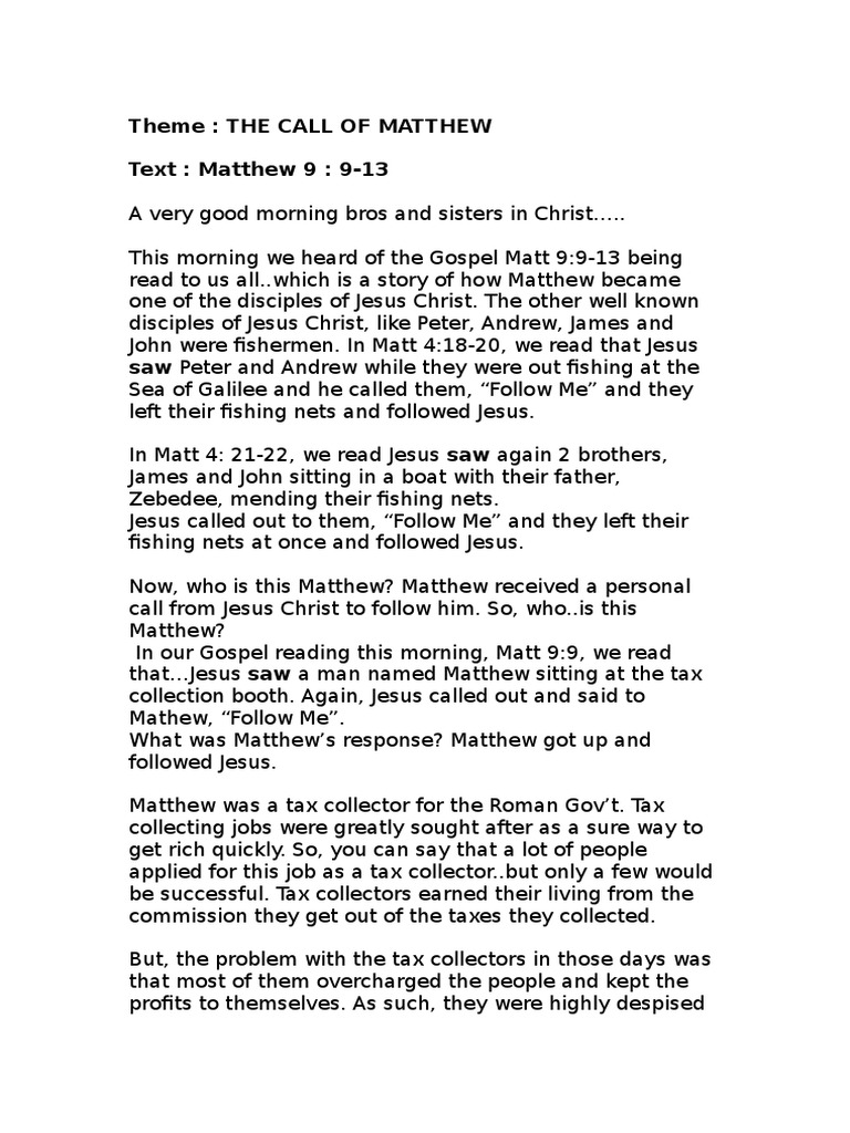 Sermon Notes - The Call of Matthew | PDF | Gospel Of Matthew | The Gospel