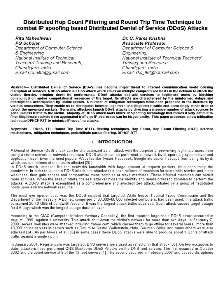 Distributed Hop Count Filtering and Round Trip Time Technique To Combat Ip Spoofing Based ...