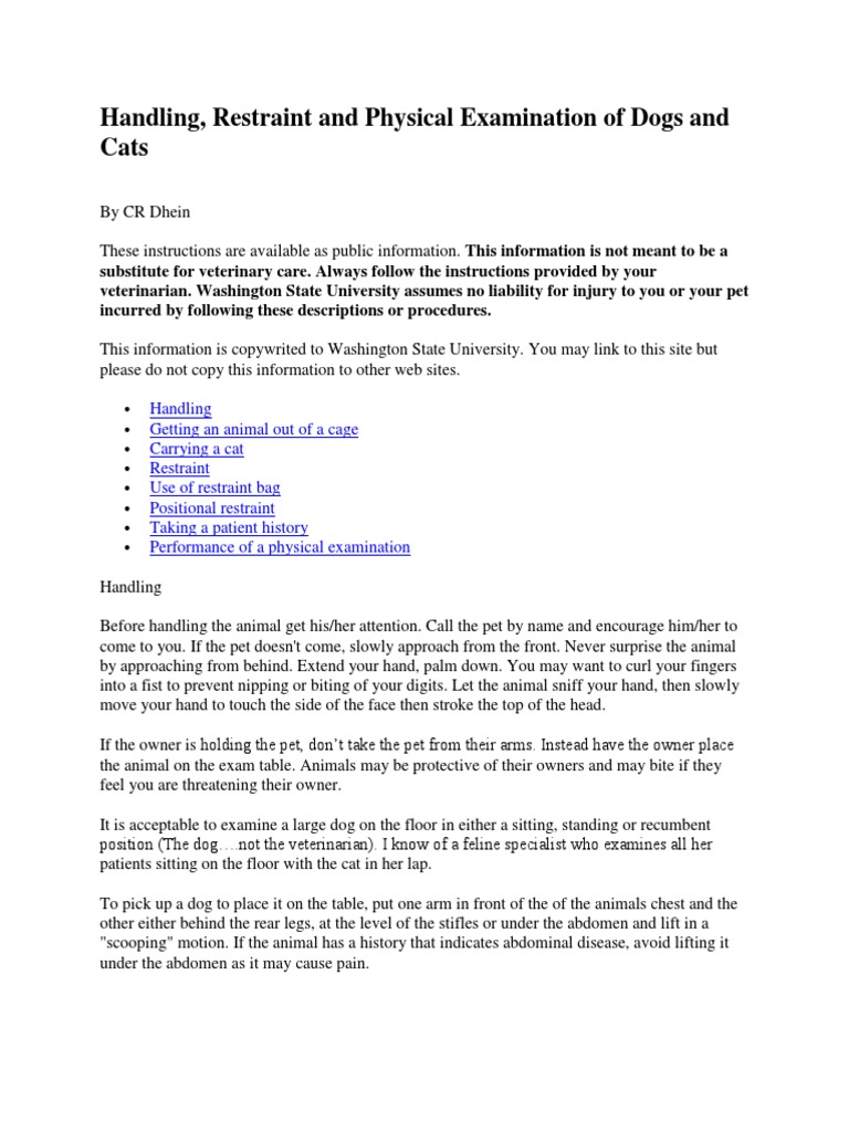 Handling, Restraint and Physical Examination of Dogs and Cats | PDF ...