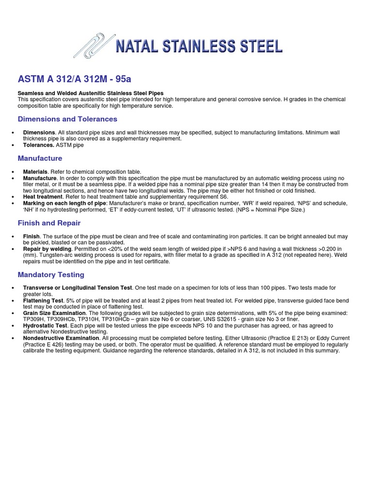 ASTM A 312/A 312M - 95a: Dimensions and Tolerances | PDF | Pipe (Fluid ...
