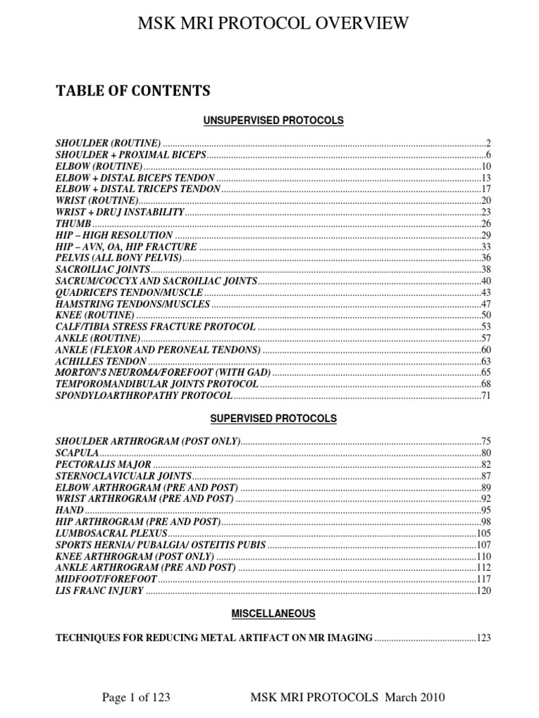 MSK MRI Protocols Guide | PDF | Shoulder | Elbow