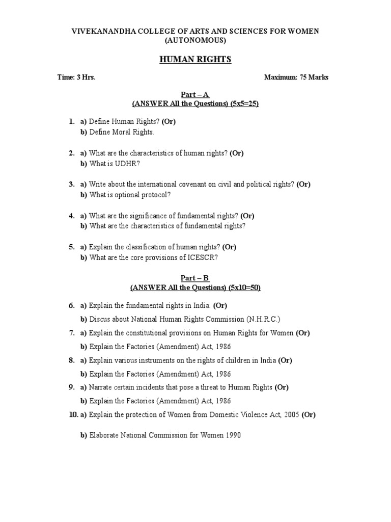 Human Rights - Question Test-1 | PDF