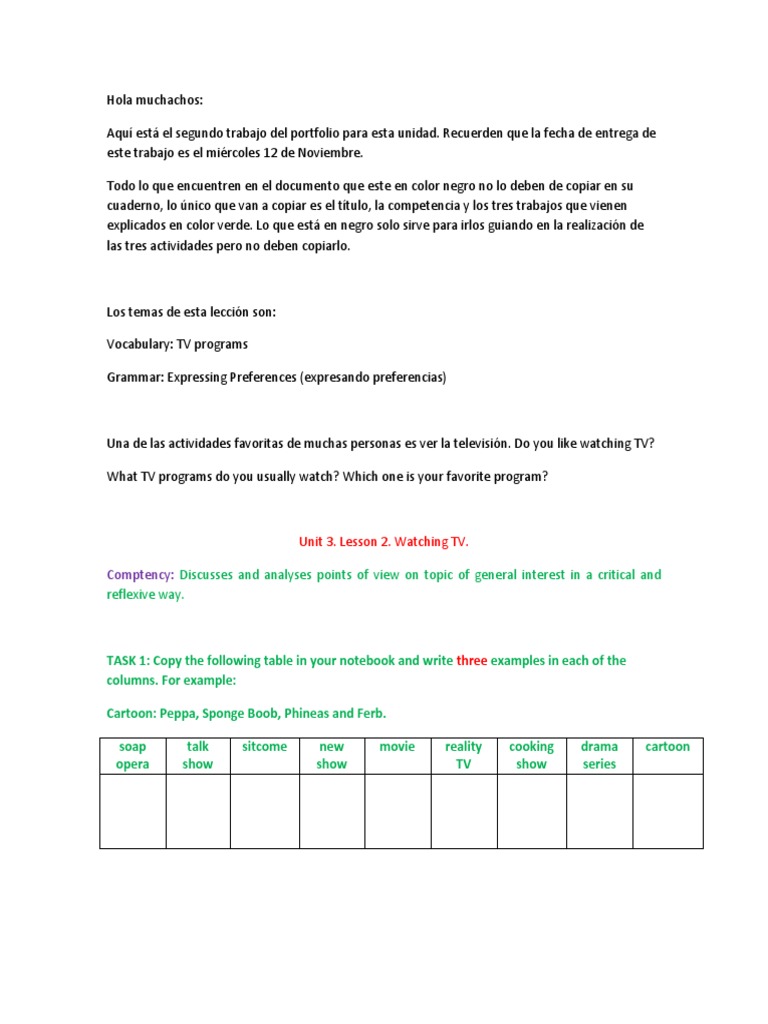Actividades sobre TV y preferencias | PDF | Artes del Lenguaje y ...