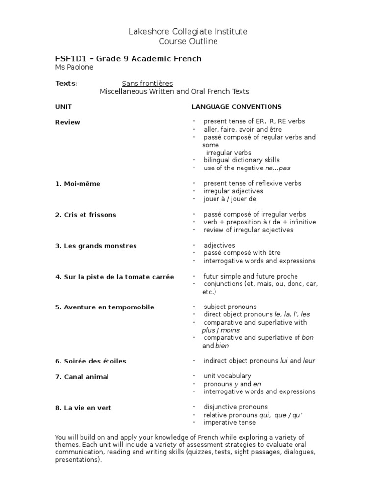 FSF1D Grade 9 French Course Outline | PDF