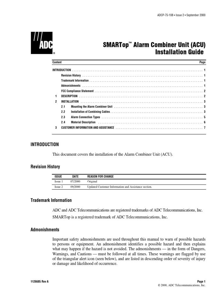 Smartop Alarm Combiner Unit (ACU) Installation Guide: ADCP-75-108 ...
