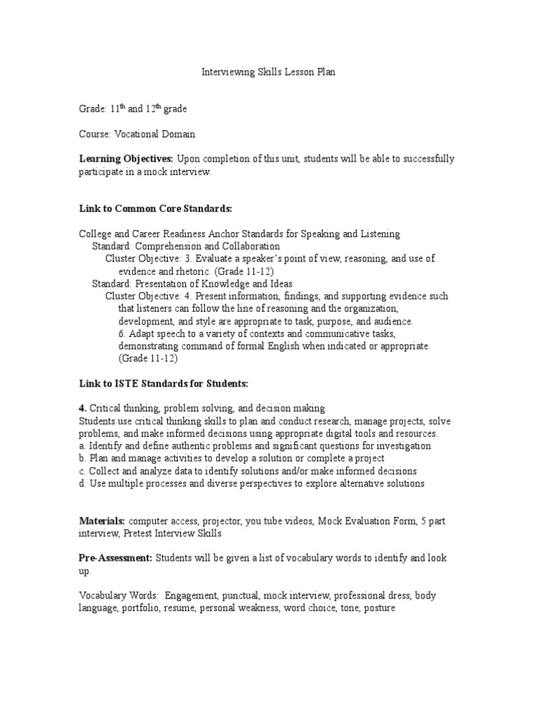 Interview Skills Lesson Plan for Grades 11-12 | PDF | Interview ...