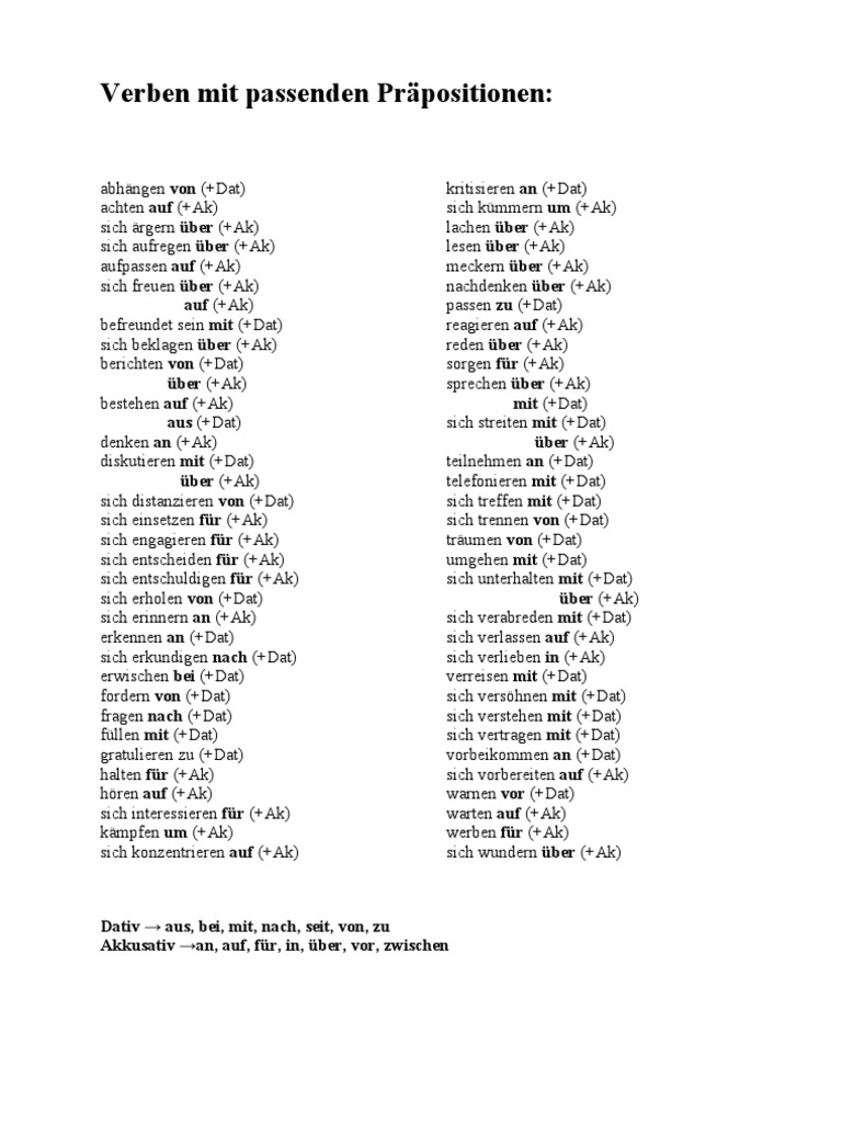 Einheit 5 Verben Mit Festen Prpositionen Regeln Liste Die 10