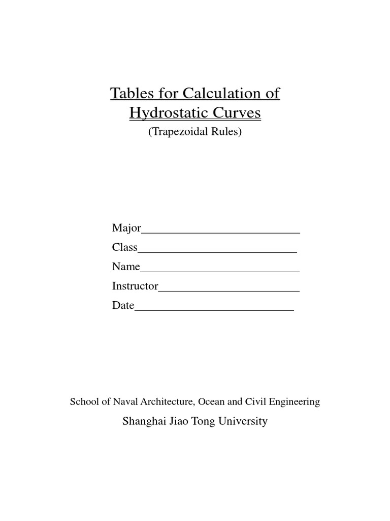 Tables For Calculation of Hydrostatic Curves: (Trapezoidal Rules) | PDF ...