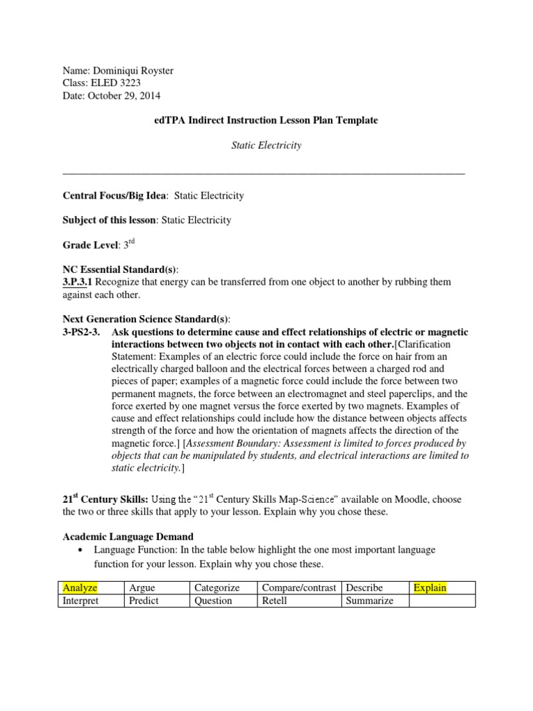 Static Electricity Lesson Plan for 3rd Grade | PDF | Electric Charge ...