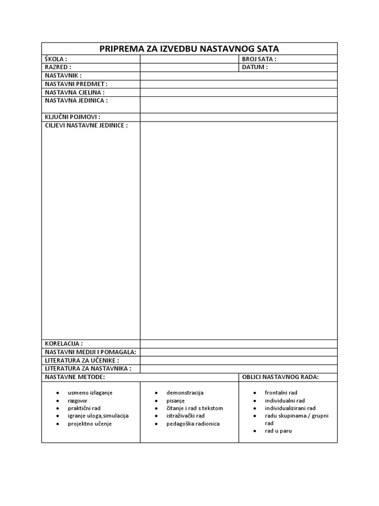 Priprema Za Izvedbu Nastavnog Sata | PDF