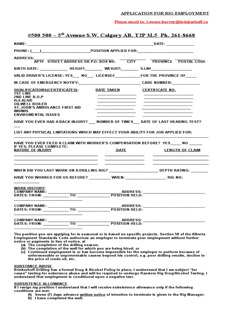 Rig Employment Application Form | PDF | Drilling Rig | Substance Abuse