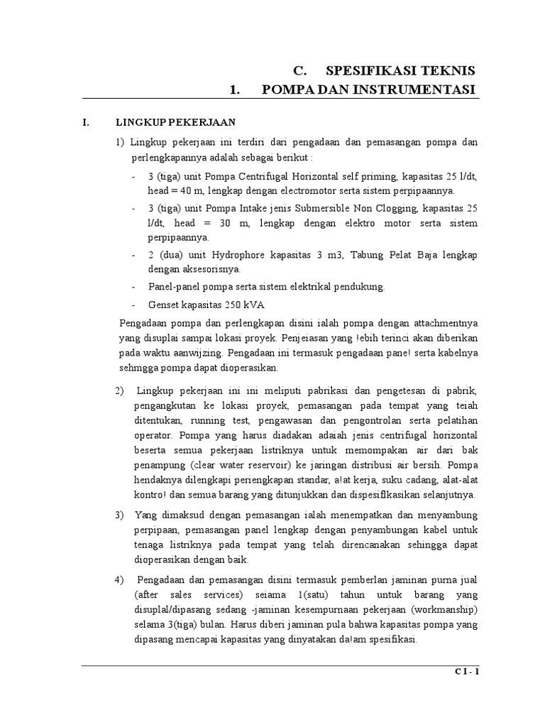 Spek Tek C-1 Pompa Dan Instrumentasi | PDF