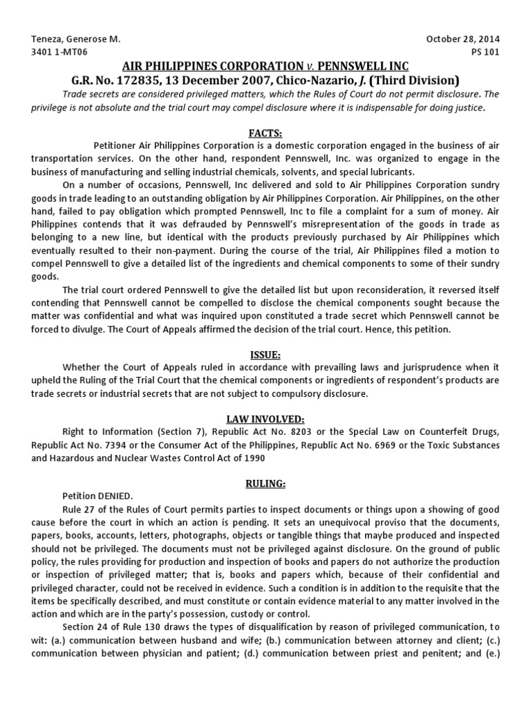 Air Philippines v. Pennswell Inc. | PDF | Trade Secret | Discovery (Law)