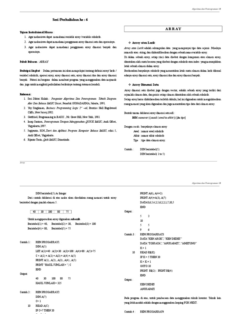 Penjelasan Array (Minggu Ke VI) Qbasic | PDF | Komputer