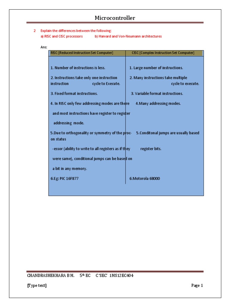 Microcontroller: Ans: RISC: (Reduced Instruction Set Computer) CISC ...