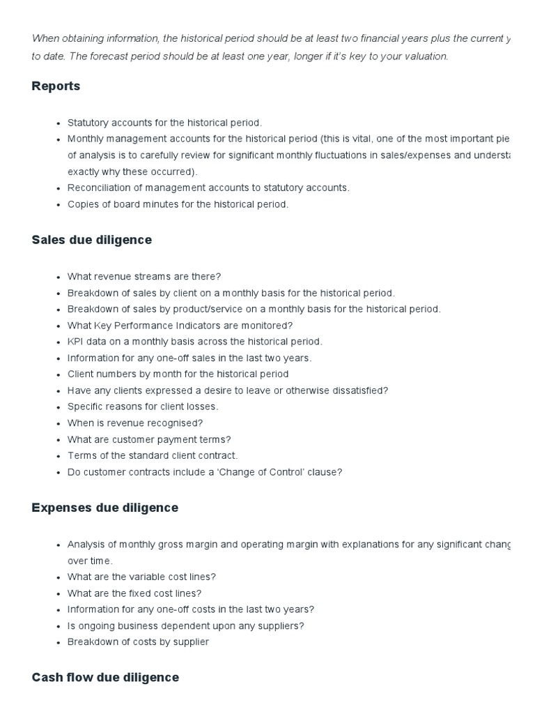 Small Business Due Diligence Checklist | PDF | Employment | Debt