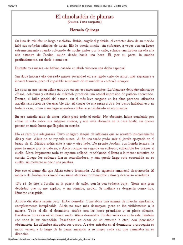 El Almohadón de Plumas - Horacio Quiroga - Ciudad Seva | PDF | Naturaleza