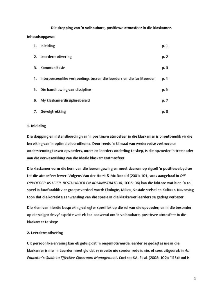 Die Skepping Van 'N Volhoubare, Positiewe Atmosfeer in Die Klaskamer. | PDF Die Skepping Van 'N Volhoubare, Positiewe Atmosfeer in Die Klaskamer. | PDF