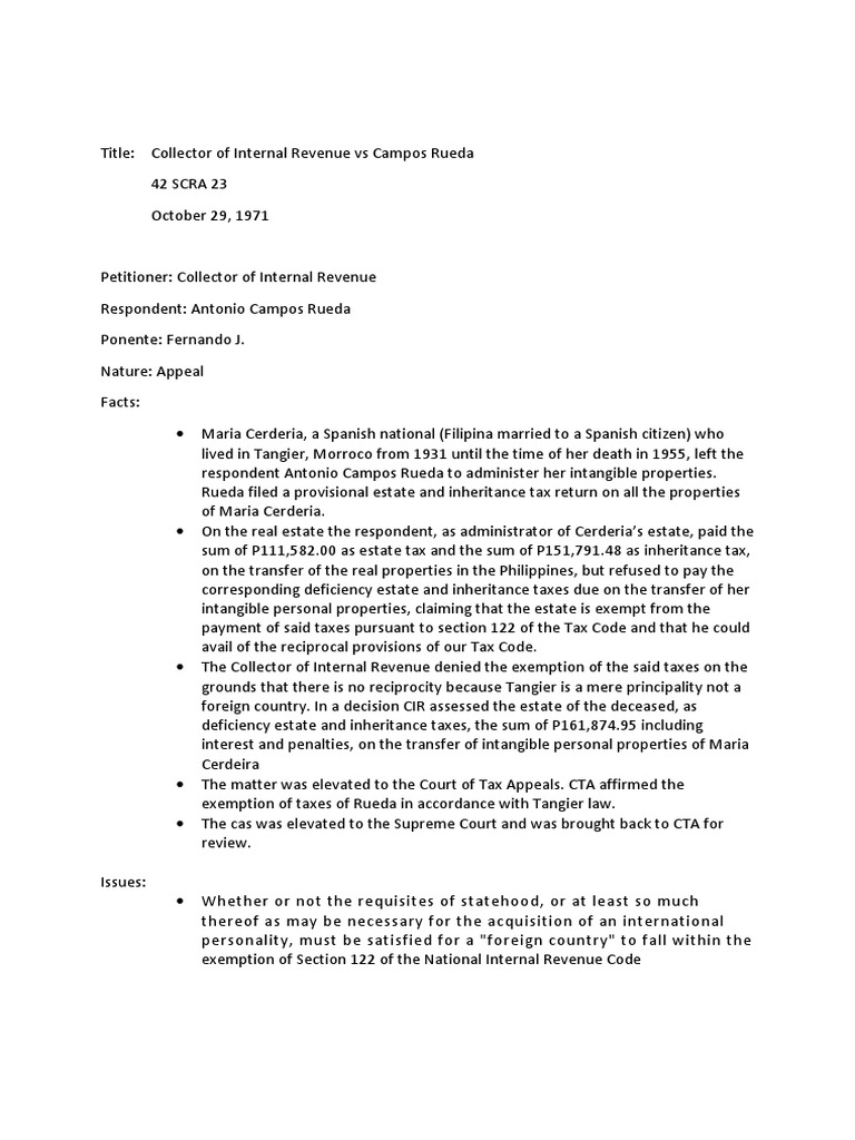 Collector of Internal Revenue vs. Campos Rueda, 42 SCRA 23 | PDF ...