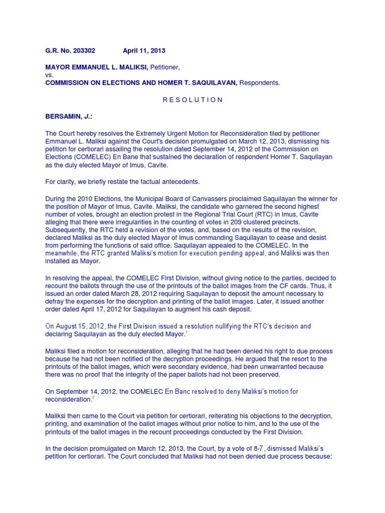 Maliksi Vs Comelec, GR No 203302 - April | PDF | Commission On ...