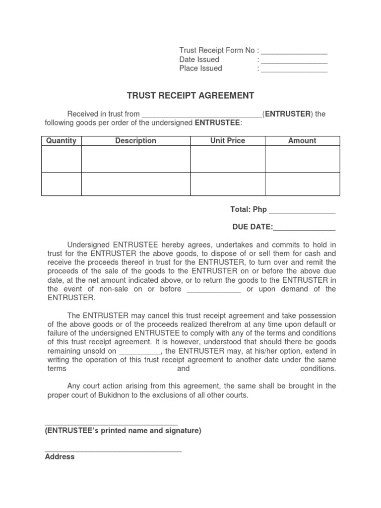 Trust Receipt Form | PDF | Receipt | Private Law