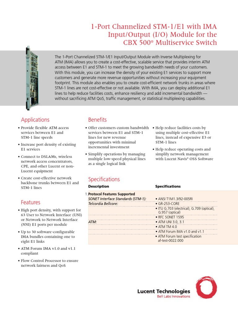 1-Port Channelized STM-1-E1 With IMA Input-Output I-O Module Brochure ...