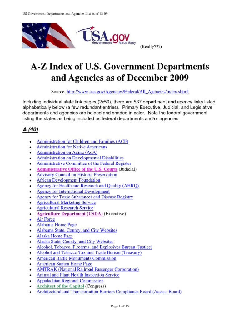 U.S. Government Agencies List 2009 | PDF | United States Department Of ...