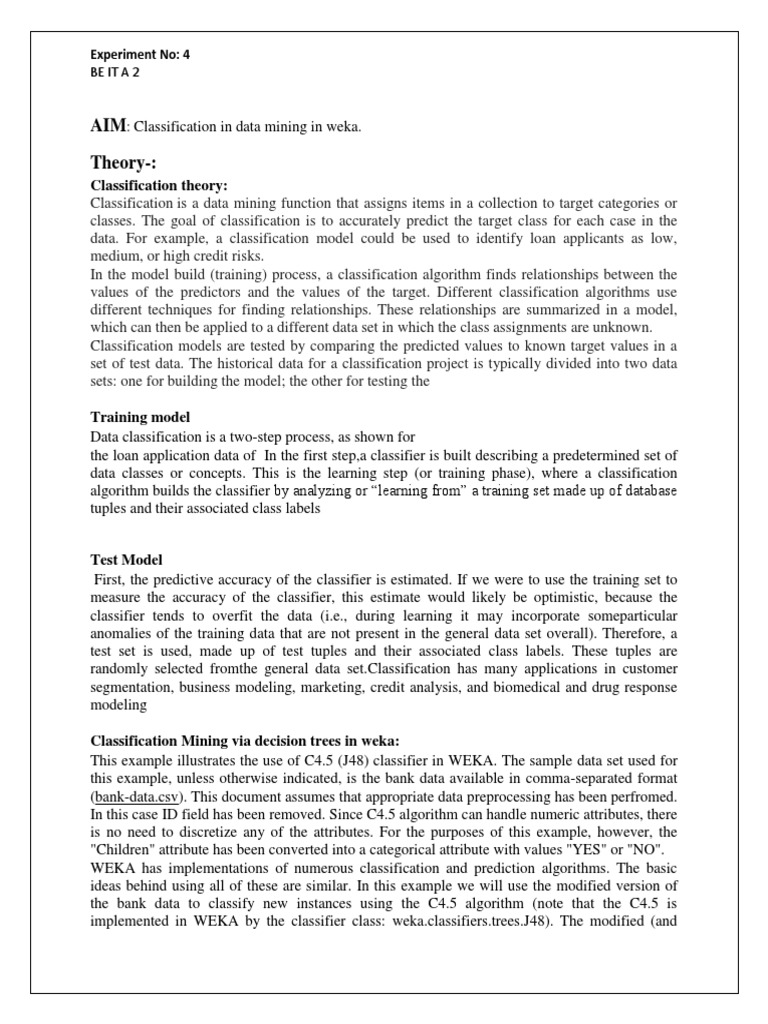 (Exp 4) Classification Via Decision Trees in WEKA | PDF | Statistical ...