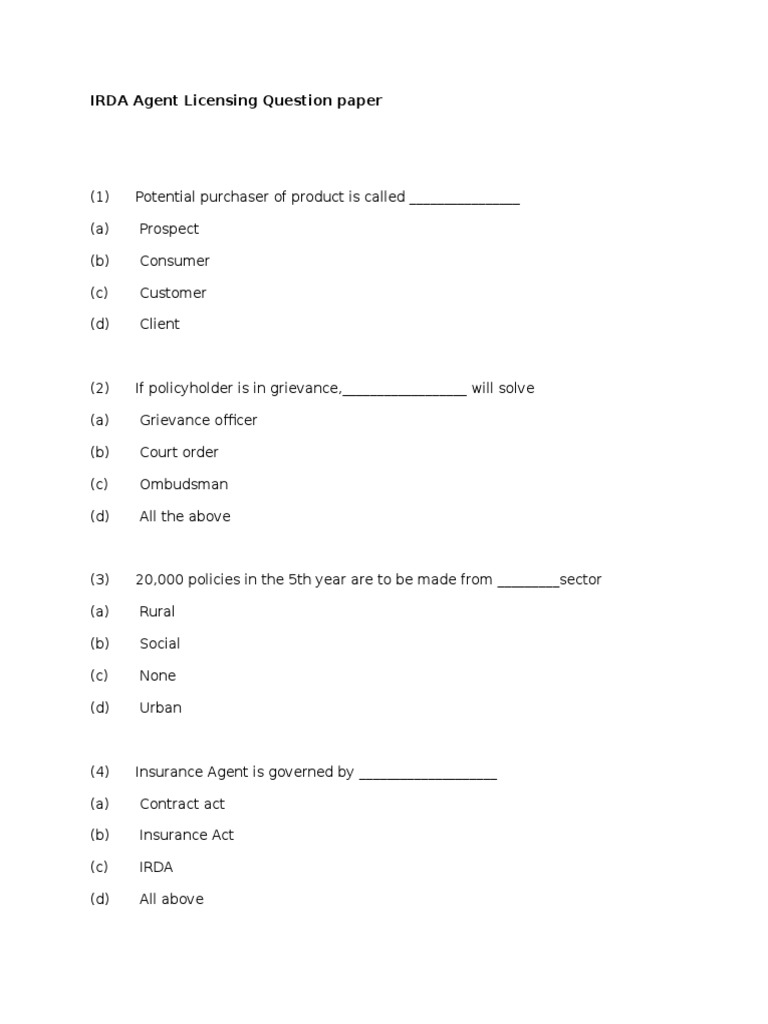 IRDA Agent Exam Sample Paper 1 | Life Insurance | Insurance