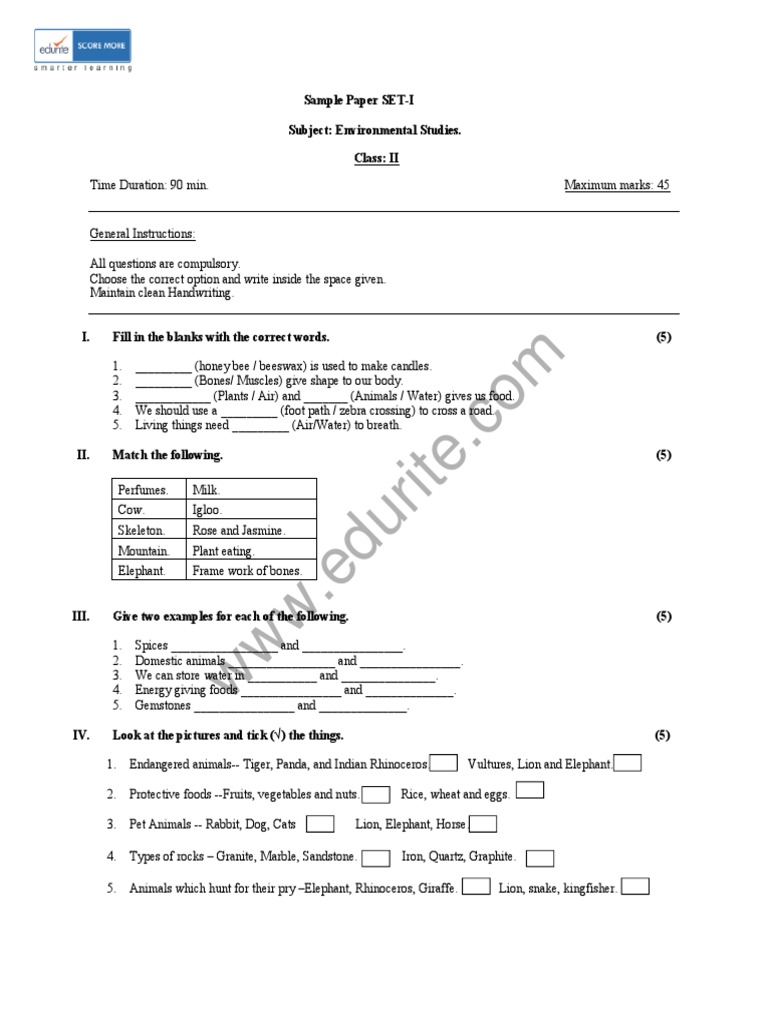 Class 2 ICSE EVS Sample Paper Model 1 | PDF | Organisms | Nature